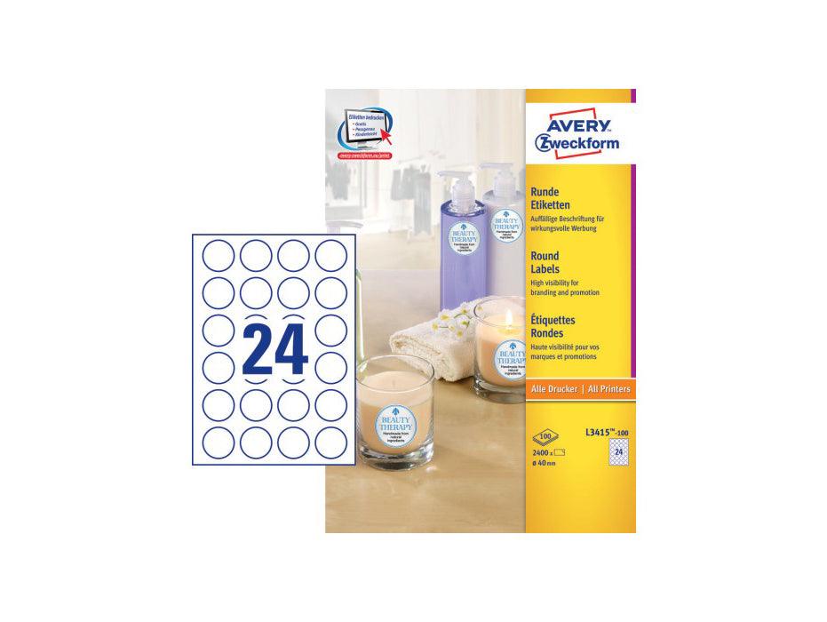 Avery L3415-100 Self-Adhesive Round Labels, 40mm, 24 Labels/Sheets ...