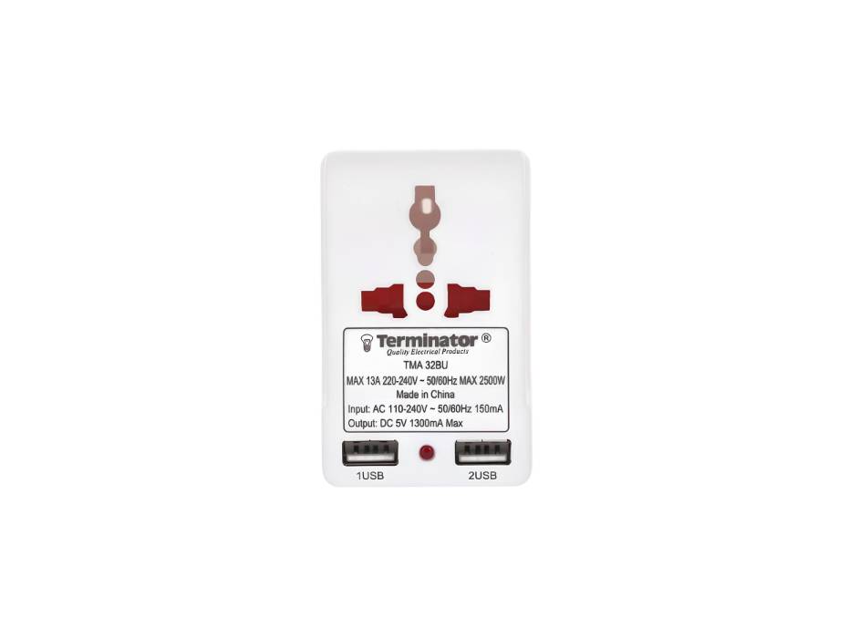 Terminator 2 Way Universal Multi Adaptor One 3 Pin And Two 2 Pin With 2 ...