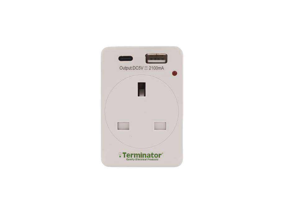 Terminator 3 Way UK Socket Multi Adaptor with 2 USB (A & C Type) 2.1A ...
