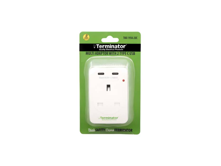 Terminator 3 Way UK Socket Multi Adaptor with 2 C Type USB 2.1A ...